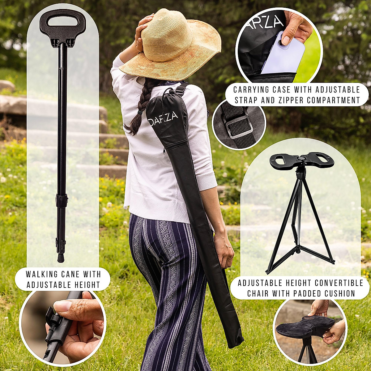 Darza Adjustable Cane with Seat, Walking Stick with Seat, Cane Stool, Lightweight Aluminum and Ergonomic Design, Includes Removable Cushion and Carry Bag with Pocket Storage