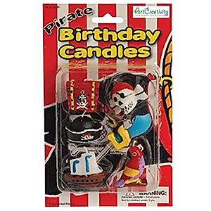 ArtCreativity Pirate Birthday Cake Candles, Set of 6, Assorted Pirate Cake Toppers with Treasure Chest, Sword, Skull, Hat, Ship, and Parrot Candle, Cool Pirate Party Supplies and Decorations