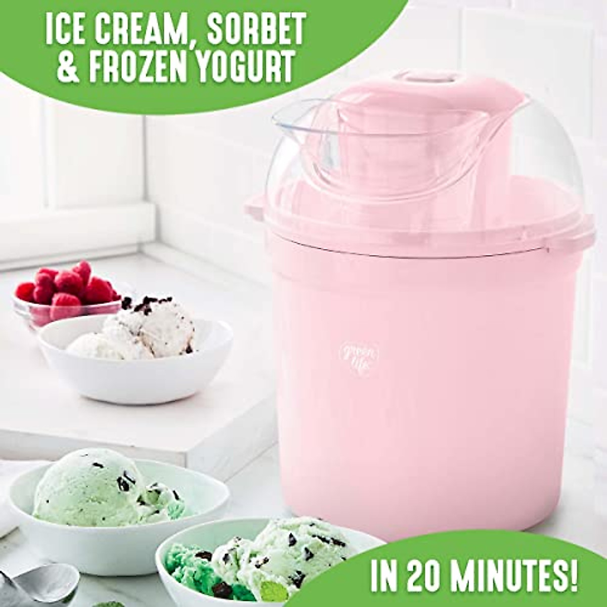 GreenLife 1.5QT Electric Ice Cream, Frozen Yogurt and Sorbet Maker with Mixing Paddle, Dishwasher Safe Parts, Easy one Switch, BPA-Free, Pink