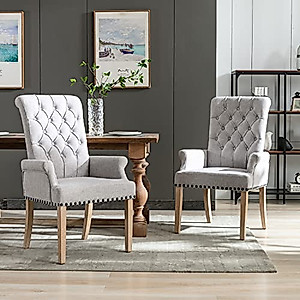 CRECQ Fabric Arm Dining Room Chair,Tufted Upholstered High Back Nailed Trim with Untique Oak Wood Legs for Kitchen Restaurant Room Bedroom(Grey Brown)