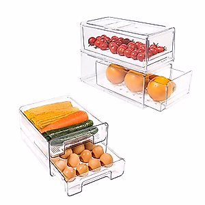 elabo 32 Grid Large Capacity Egg Holder for Refrigerator, Stackable Refrigerator Organizer Drawers with Removable Drain Tray, Fridge Organizer Bins, Pull Out Food Storage Container Bins with Drawer