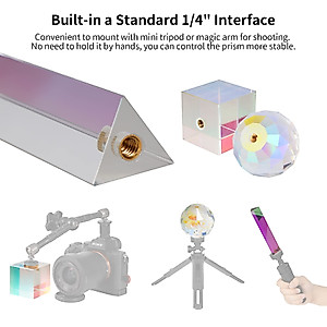 Meking 3Pcs Photography Crystal Prism with Mini Tripod, Camera Lens Optical Crystal Ball Glass, Cube and Pyramid Prism for Rainbow Effect Make Teaching Light Spectrum Physics