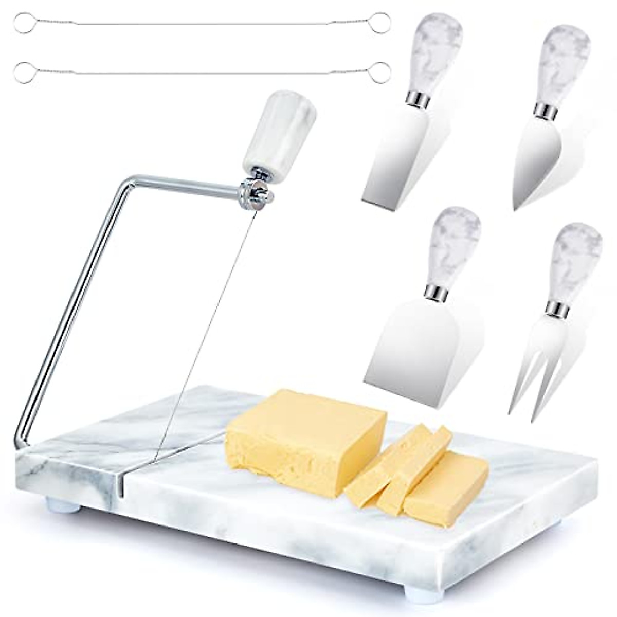 Marble Cheese Slicer 5 x 8 Inch Cheese Cutter and 4 Pcs Cheese Knife with Handle Cheese Heavy Cutter Set for Kitchen Charcuterie Cutting Cheeses, Butter, Meats, Other Appetizers, White