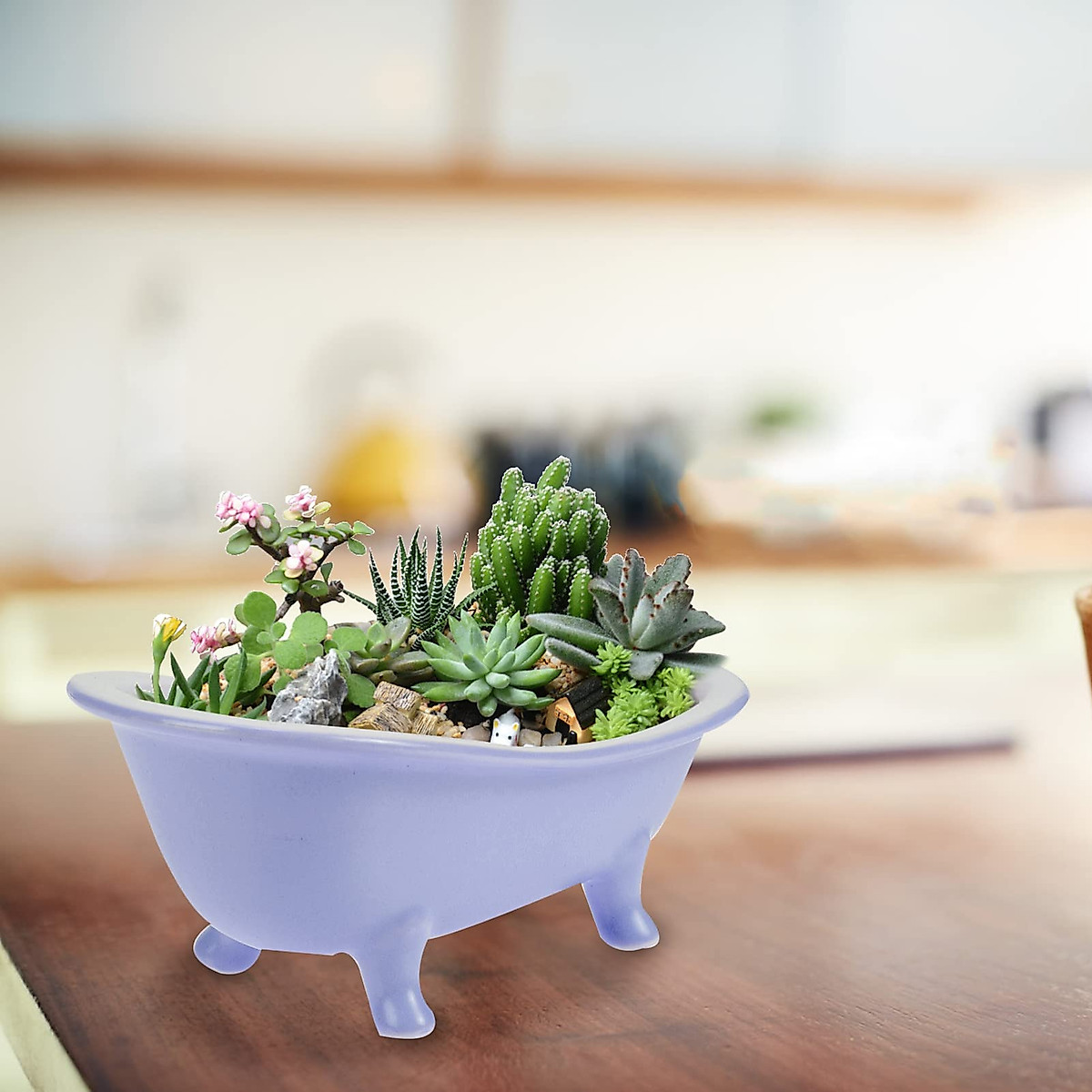 YARDWE Modern Plant Pots Indoor Desktop Flower Pot Small Bathtub Flower Pot Ceramic Succulent Planter Pot Flower Pots Planting Container Desktop Ornament (Sky- Blue) Bonsai Pot Mini Bathtub Decor