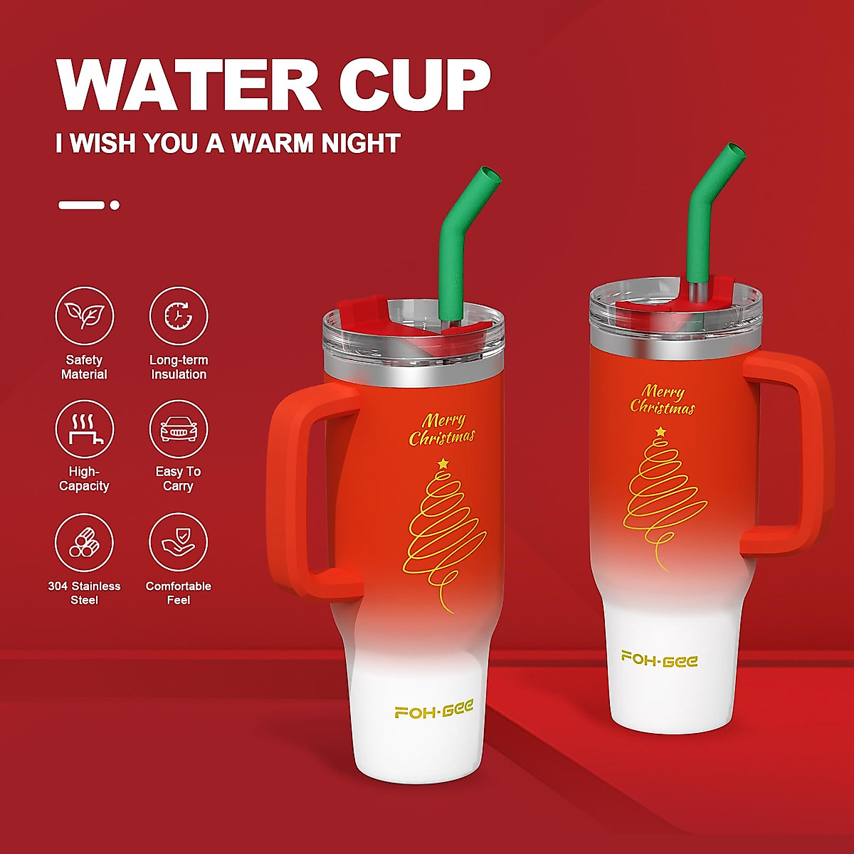 FOHGEE Christmas Style 30oz Stainless Steel Tumbler with Handle - Keep Drinks Cold & Hot All Season! (Red Tree)