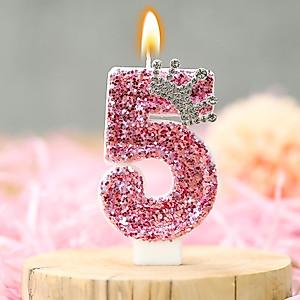 Birthday Number Candles,Pink Crown Birthday Candles for Cake,Glitter Number 5 Candle Cake Topper with Sequins for Girls,Women, Anniversary Celebrations Supplies (Pink 5)