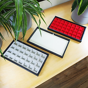 CuteBox Company Black Plastic Tray (14.75” x 8.25” x 1”) with 7 Compartment Red Flocked Tray Insert for Jewelry Storage, Organization, Merchandise, Display