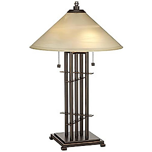 Franklin Iron Works Metro Planes 'n' Posts Rustic Farmhouse Accent Table Lamp 23 1/2" High with Dimmer Bronze Metal Alabaster Art Glass Shade for Bedroom Living Room House Home Bedside Nightstand