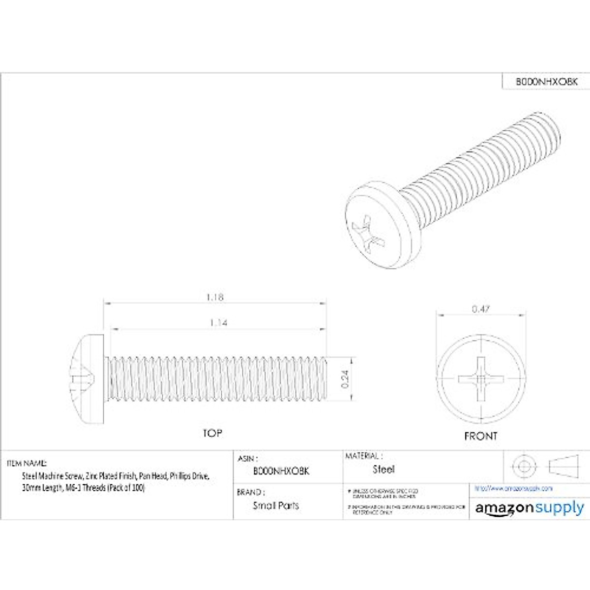 Small Parts Steel Machine Screw, Zinc Plated Finish, Pan Head, Phillips Drive, 5mm Length, M2.5-0.45 Metric Coarse Threads (Pack of 100)