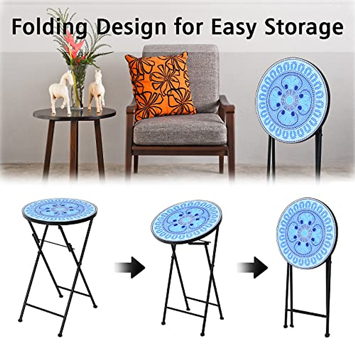 Giantex Outdoor Side Table, Folding Mosaic Patio Table, 14'' Round Metal End Table w/Ceramic Tile Top, Small Patio Table Accent Coffee Table for Porch Garden Balcony Plant Stand Indoor Outdoor (Blue)