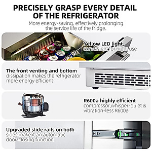 24 inch Undercounter Refrigerators with Weatherproof Full Stainless Steel Body, Built-in Beverage Refrigerator for Home and Commercial Use, Stainless Steel Door, Fast Cooling, Low Noise, 37-65 °F