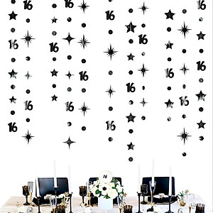 Black Number 16 Circle Dot Twinkle Star Garland Metallic Streamer Bunting Banner Backdrop Decorations for Girls Happy 16th Birthday Sweet Sixteen 16th Anniversary Cheers to 16 Years Party Decor