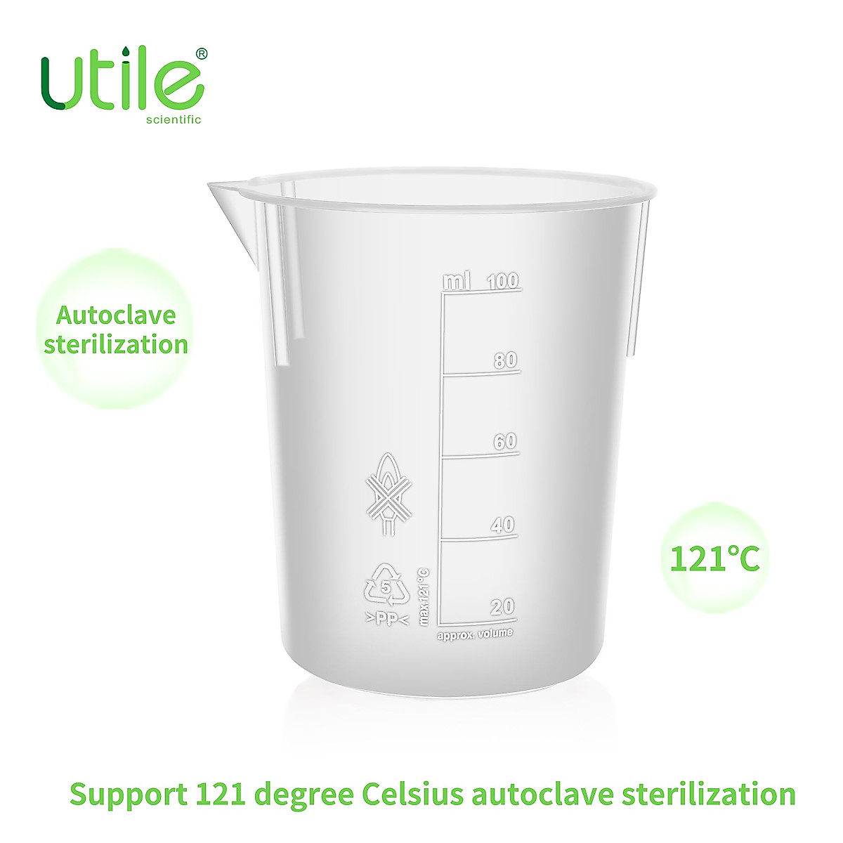 Utile 10 Pcs Plastic Beaker Set with spout of Vol.100ml, Plastic Measuring Beaker For Lab Science with Molded Graduations, 4081.0100.10