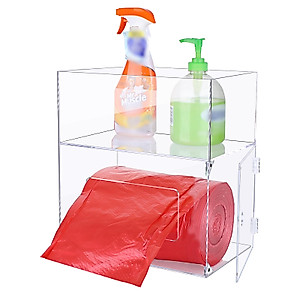 mwellewm Trash Bag Dispenser 2 in 1 Extra Large Acrylic Garbage Bag Roll Holder Under Sink Plastic Bag Storage Box with Lid Kitchen Inside Trash Can Grocery Bag Organizer(10.4 x 6.5 x 11.4 inches)