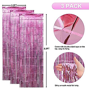 rubfac 3pcs 3.3x8.2 Feet Pink Fringe Backdrop Curtains,Tinsel Streamers Birthday Party Decorations, Fringe Backdrop for Pink Party Decorations Girl Princess Bachelorette Party Decor