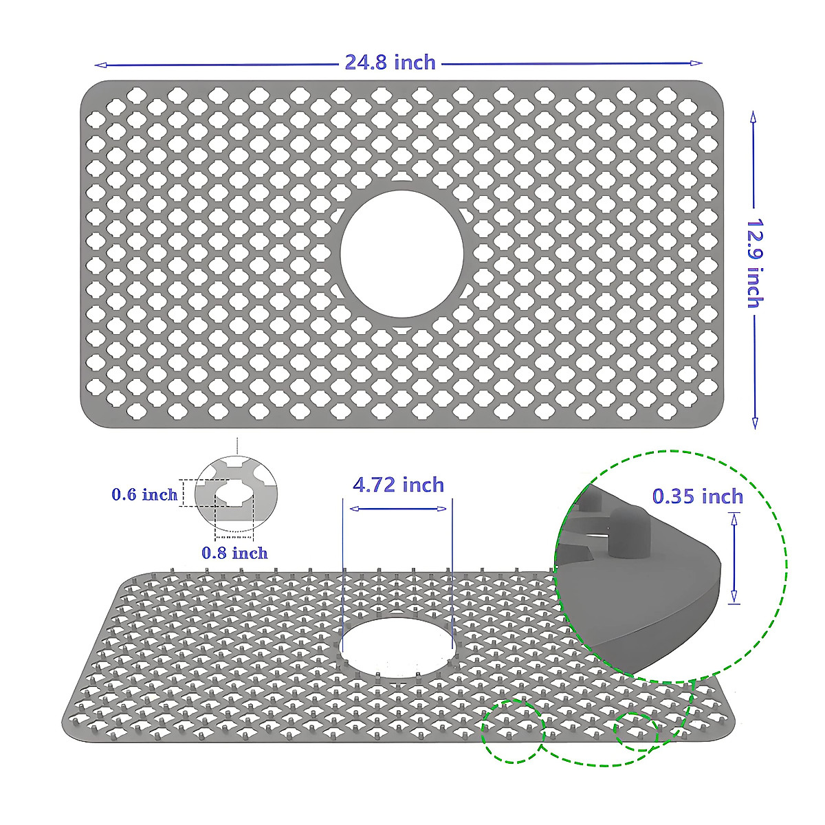 Silicone sink protectors for Kitchen with Center Drain, Grey Grid Accessory Non-slip Heat Resistant Folding mats Grates for Bottom, for Farmhouse Stainless Steel Porcelain Sink (24.8"x 12.9")