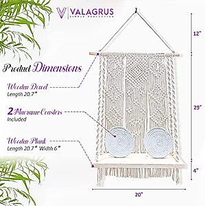 VALAGRUS Macrame Wall Hanging Shelves, Boho Room Decor, Rope Shelf with Handmade Woven Rope 2 Coasters, Wooden Hanging Shelves for Bedroom, Bathroom, Living Room Kitchen, Photo Frames, Small Plants.