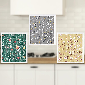 6 Pcs Swedish Kitchen Dish Towels Kitchen Dish Cloth Absorbent Quick Drying Kitchen Cloths Reusable Dishcloth Small Cleaning Cloth Rag for Kitchen Counter (Flowers Leaves Patterns)