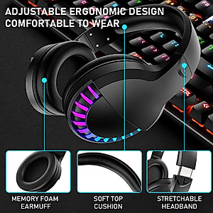 Wireless Bluetooth Headphone with Noise Cancellation HiFi Stereo Sound Mic Deep Bass Protein Earpad Rainbow RGB Backlight Rechageable Over Ear Headset for PC Mac Game Travel Class Home Office(Black)