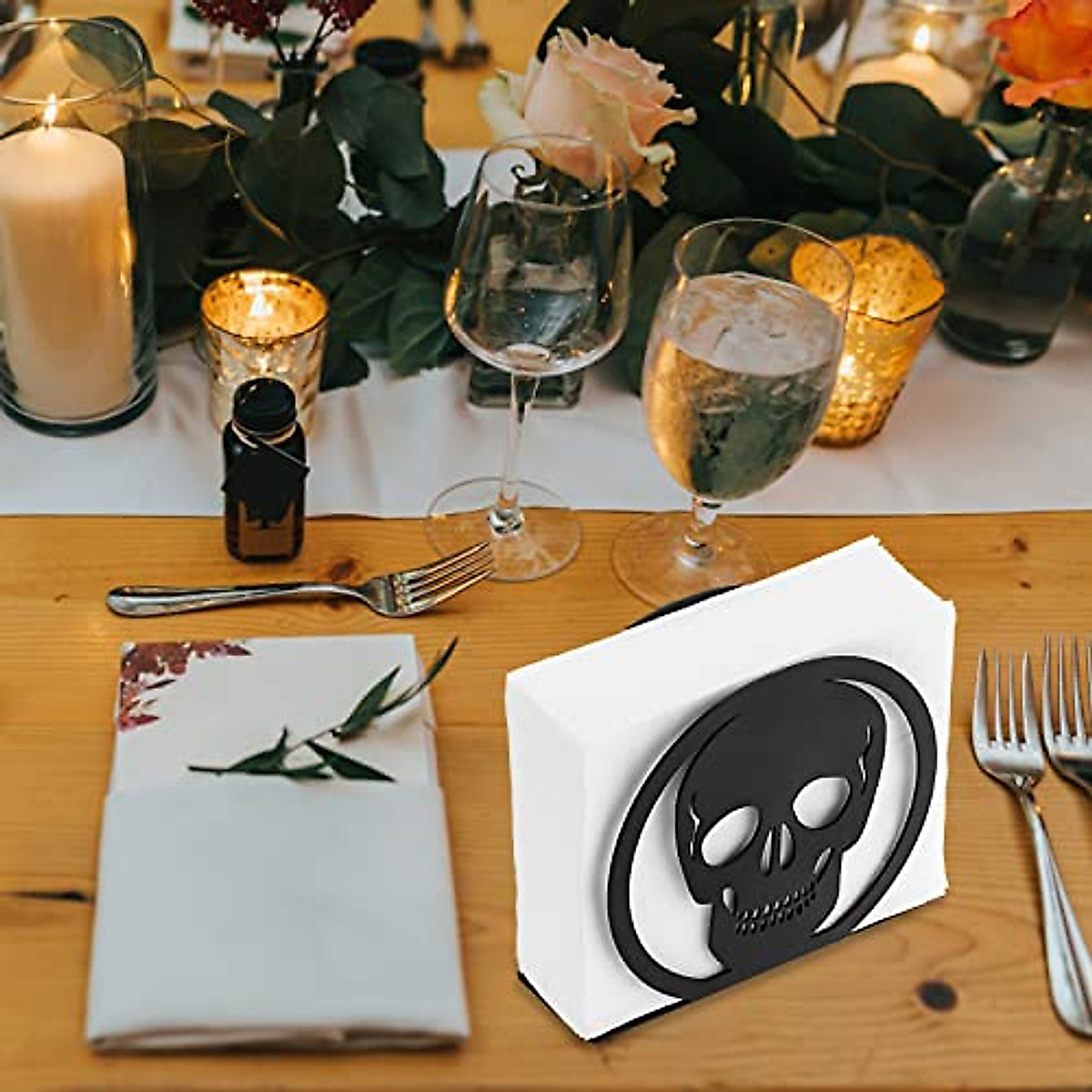 Sumnacon 2Pcs Metal Napkin Holders - Stylish Cocktail Napkin Holders for Tabletop Kitchen Countertop Dining Table, Decorative Guest Towel Holders for Picnic Party Wedding Dining, Black Skull