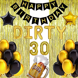 Geloar 23PCS Dirty 30 Birthday Decorations for Him, Dirty 30 Balloons Banner Black and Gold Birthday Dirty Thirty Decorations for Him 30th Birthday Party Supplies for Men Cheers & Beers to 30 Years