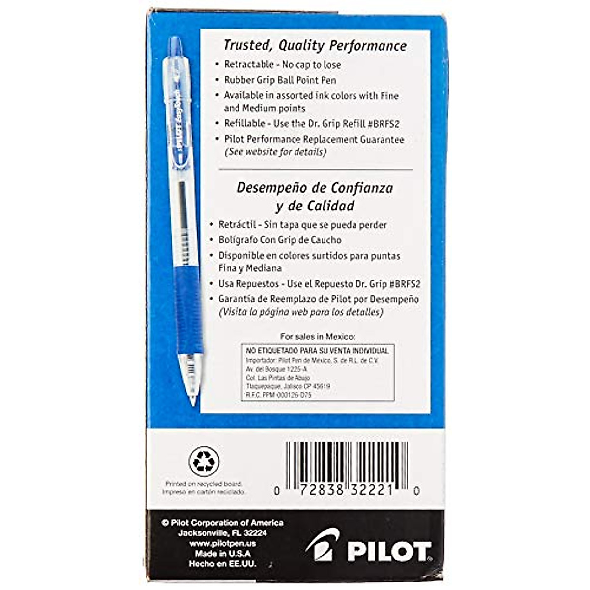 Pilot Easytouch Ballpoint Retractable Pen, Blue Ink, Medium, Dozen