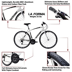 Tommaso La Forma Aluminum & Carbon Mens Hybrid Bike Women Road Bicycle Adult Bike Womens Hybrid Bikes City Bike Commuter Bike Mens Bike Touring Flat Bar Hybrid Bicycle - White - Large 58cm