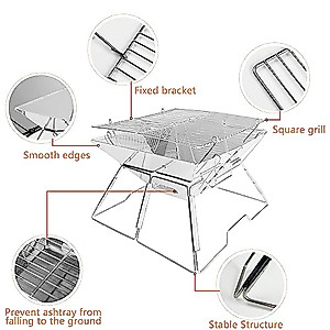 Foxtell Folding Campfire Grill with Carrying Bag, 304 Stainless Steel Grate Barbeque Grill, Portable Camping Grill with Legs for Outdoor Picnics, Backpacking
