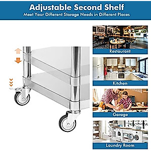 MYOYAY Stainless Steel Table for Prep & Work 24 x 24 x 36 Inches NSF Metal Commercial Table with Adjustable Under Shelf Heavy Duty Work Table with Wheels for Restaurant, Home and Hotel
