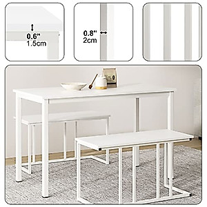 DlandHome 47'' Dining Table Set for 4, Kitchen Table Set Dining Table and 2 Benches, Kitchen Table and Benches, 3 Pieces Breakfast Table Set Dining Table with Bench Dining Room Bench Set, White