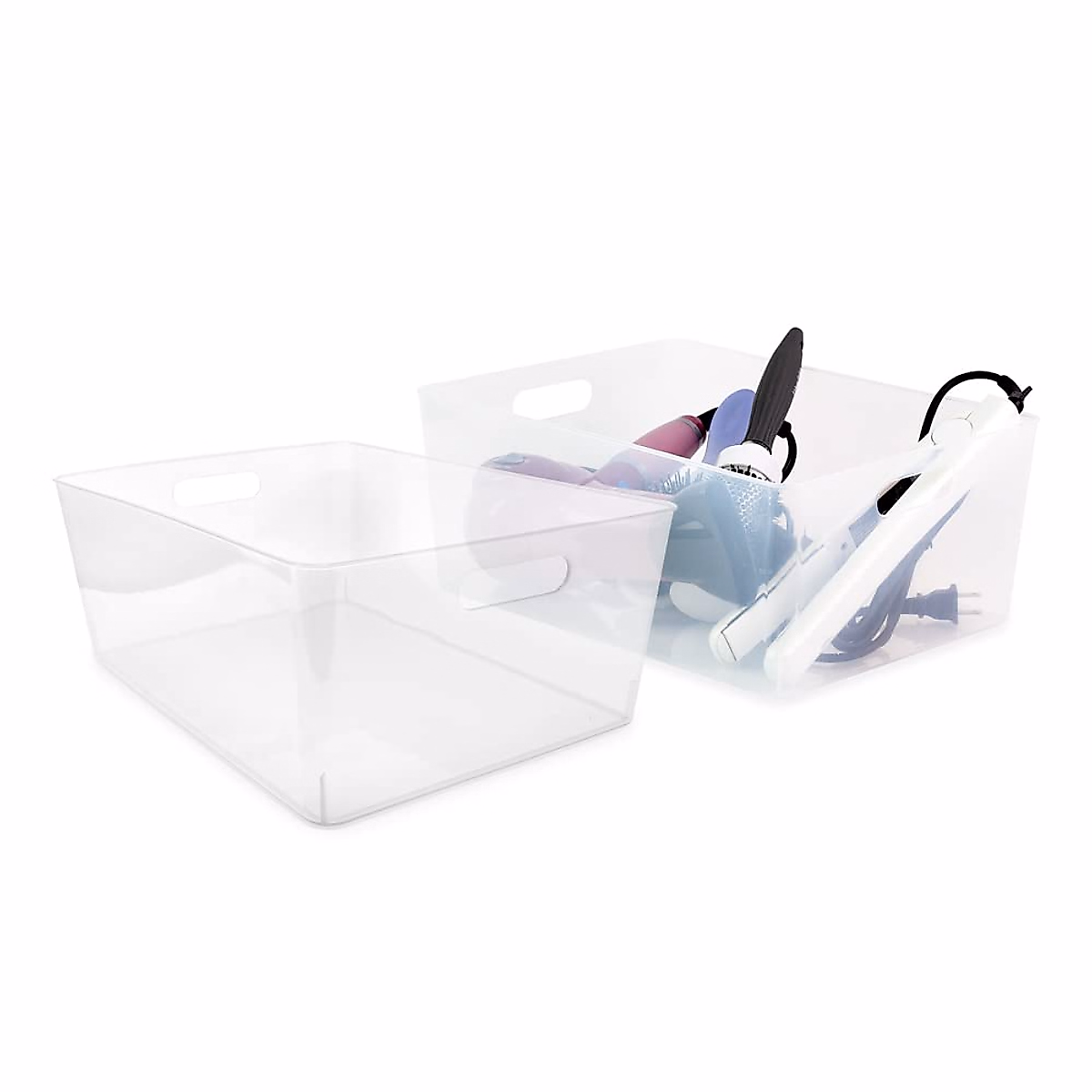 Isaac Jacobs 3-Pack XL Clear Storage Bins (12” L x 11.1” W x 7” H) with Cutout Handles, Plastic Organizer for Home, Office, Kitchen, Fridge/Freezer, Drawers, BPA Free, Food Safe (3-Pack, Extra-Large)