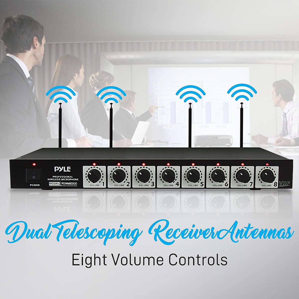 Pyle 8 Channel Wireless Microphone System - Portable VHF Cordless Audio Mic Set with 1/4" and XLR Output, Dual Antenna, - Includes 8 Table Top Mics, Rack Mountable Receiver Base - Pyle PDWM8300,Black