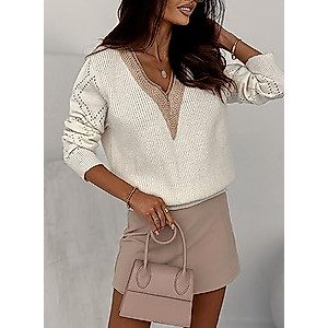 miduo Womens Long Sleeve V Neck Guipure Lace Panel Ladies Warm Ribbed Knit Pullovers Sweaters Jumper Tops Outerwear Cream White M