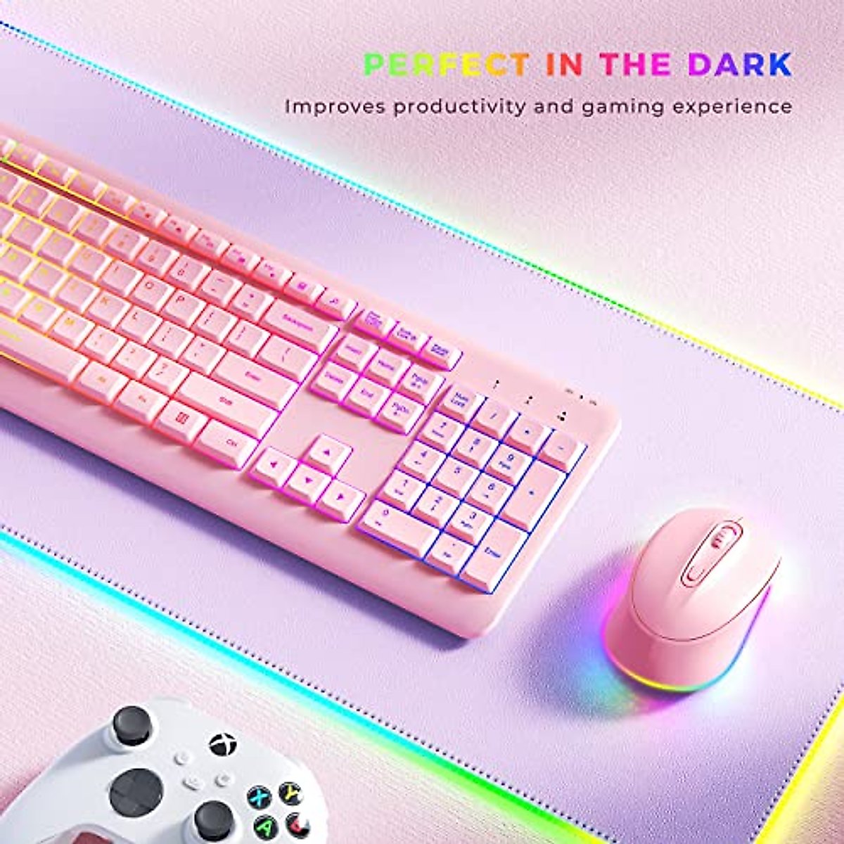 Wireless Keyboard and Mouse Combo Backlit, seenda Rechargeable Full-Size Illuminated 2.4Ghz Silent Keyboard and Mouse for Computer/Laptops/Windows/Gaming, Ice Pink