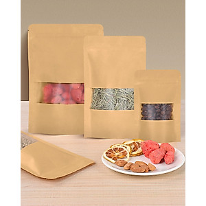 Larzack 50pcs Kraft Bags with Window 3.5x5.5 Inches Brown Reusable Sealable Zip Lock Food Storage Stand up Paper Pouches for Home or Business