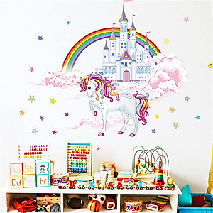 Unicorn Wall Stickers Unicorn Wall Decals with Rainbow Castle Removable Wall Art Decor for Kids Boys Girls Bedroom Nursery Bedroom Party Home Decoration
