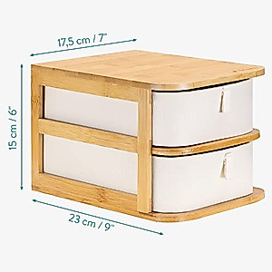 Navaris Makeup Storage Drawers - Bamboo Organizer and Cream Colored Fabric Trays - 2-Tier Drawer Unit for Bathroom, Vanity Table - 9" x 6.9" x 5.9"