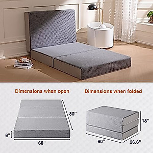 Dyonery Folding Mattress, 6 Inch Queen CertiPUR-US Certified Memory Foam Foldable Camping Mattress with Washable Cover, 80"×60"×6", Grey