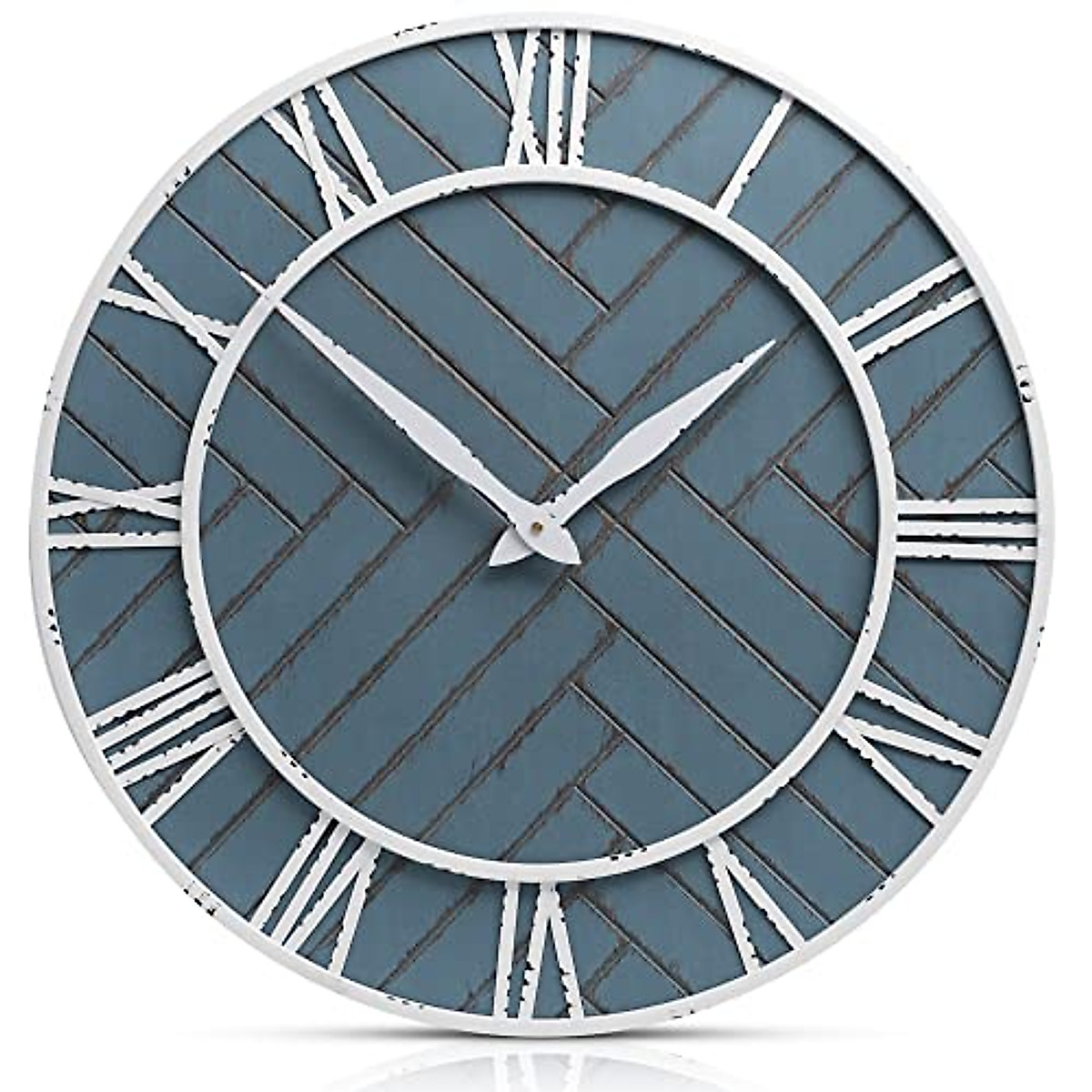 Sixty Times Hamptons - - Wall Clock 24 Inch - - Silent - - Metal & Wood - - Rustic Ocean Blue & White