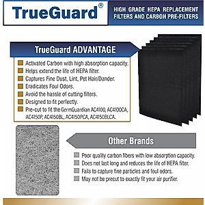 TrueGuard Air Purifier Replacement HEPA Filters FLT4100 Filter E | 2 Pack with 6 Pre-cut Activated Carbon Prefilters | Compatible with GermGuardian Models AC4100 Series, AC4150 Series & More.