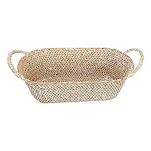 Zerodeko Cotton Rope Basket Wicker Basket with Handles Decorative Storage Baskets Seagrass Woven Baskets Natural Shelf Basket Stackable Oval Desktop Organizer for Organizing Sorting White