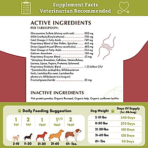 Wholistic Pet Organics Joint Supplement: Joint Mobility with Green Lipped Mussel Daily Joint Health Supplements for Dogs - Dog Glucosamine Powder with MSM, Probiotics, Vitamins, Minerals - 4 Lb