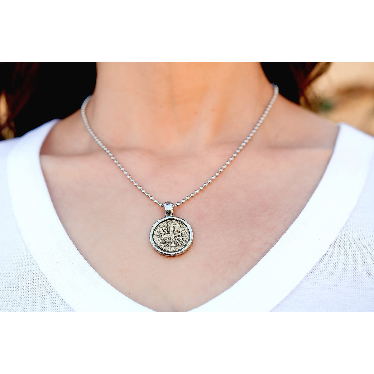 Lizzy James Handcrafted Antique Greek Coin Inspired Gold Cross Necklace | Made with Durable Stainless Steel Chain with Adjustable length from 18 to 28 inches Choker | Made in USA