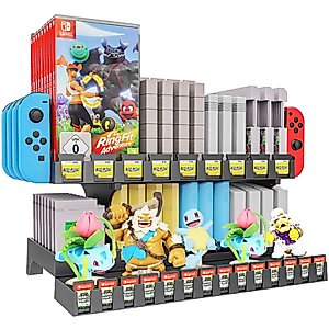 Skywin- Retro Cartridge Game Holder Compatible with Nintendo Gameboy, Video Game Storage, NES, N64, and 3DS Games, Includes Slots for Switch Tablet, Joycon Controllers, and Amiibo Display