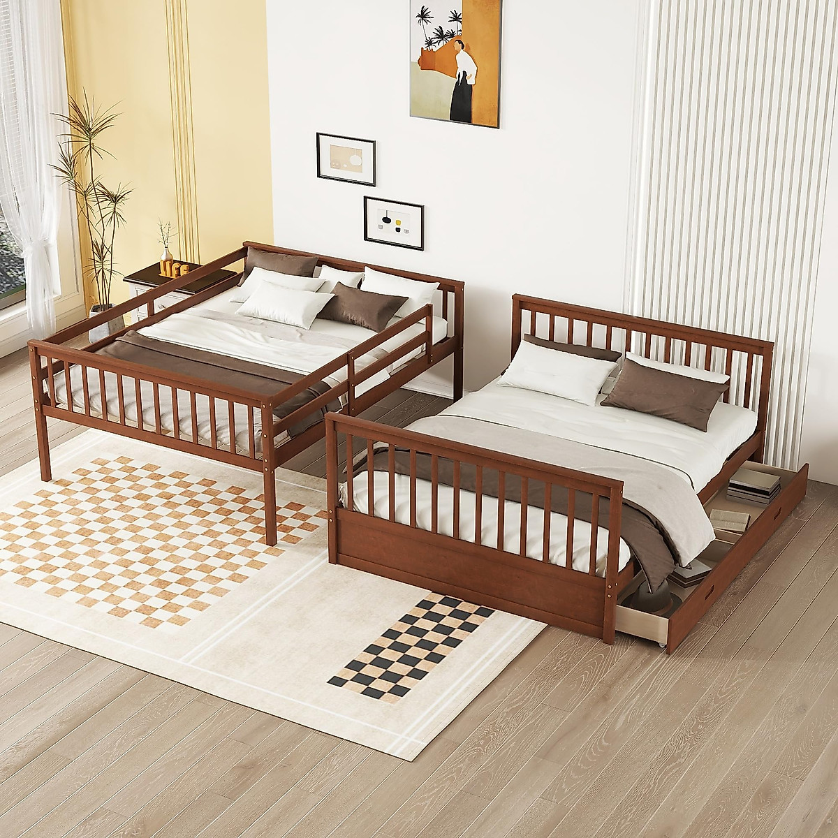 Harper & Bright Designs Full Over Full Bunk Bed with Storage Drawers, Solid Pine Wood Frame and Ladder with Guard Rails for Kids, Teens, Boys and Girls, No Box Spring Needed, Bunk Bed Walnut