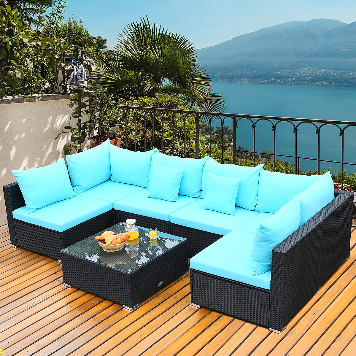 Tangkula 7 Piece Patio Furniture Set, Outdoor Sectional Sofa w/Pillows and Cushions, Wicker Sofa Conversation Set with Coffee Table, Patio Sofa and Tea Table Set for Garden, Lawn