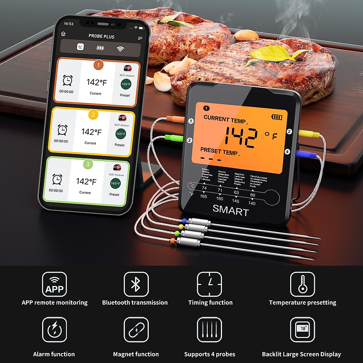 Rilitor Bluetooth Meat Thermometer,Wireless Digital Grill Thermometer with 4 Probes, Oven BBQ Thermometer with 100M/328Ft Smart APP Remote Suit for Kitchen Food Garden Smoker Barbecue Cooking