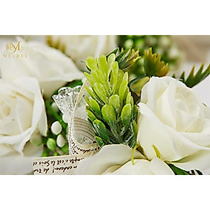 Meldel Ivory Rose Wrist Corsage Wristlet Band for Girls Women Bride Bridesmaid, Set of 6, White Hand Flower Wedding Artificial Flowers Accessories for Prom Party