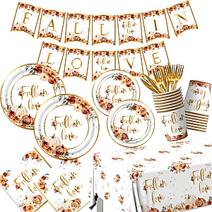 Fall In Love Bridal Shower Decorations Tableware, 142Pcs Fall In Love Decorations Includes Fall In Love Plates Fall In Love Napkins, Fall Bridal Shower Decorations Fall Engagement Party Decorations