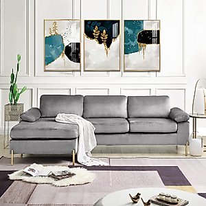 GINGVAT Velvet Upholstered Sectional Sofa, L-Shaped Chaise with Removable Back and Seat Cushions, Modern Style, Gray
